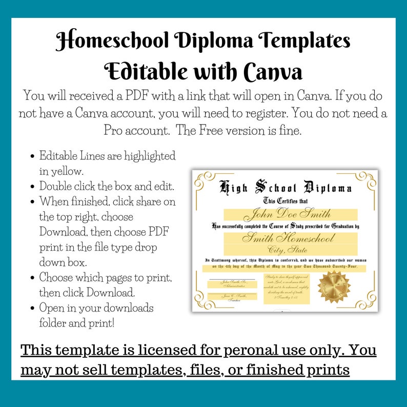Printable PERSONALIZED HOMESCHOOL DIPLOMA Template Editable in Canva ...