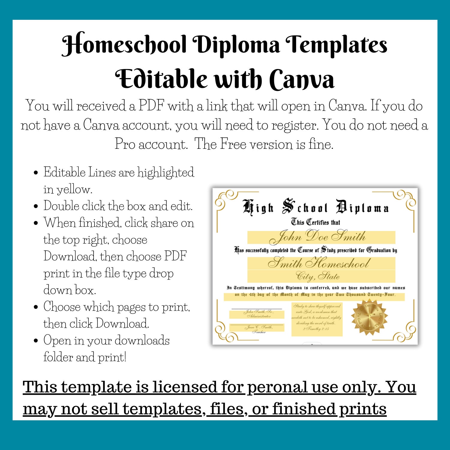 Printable PERSONALIZED HOMESCHOOL DIPLOMA Template Editable in Canva ...