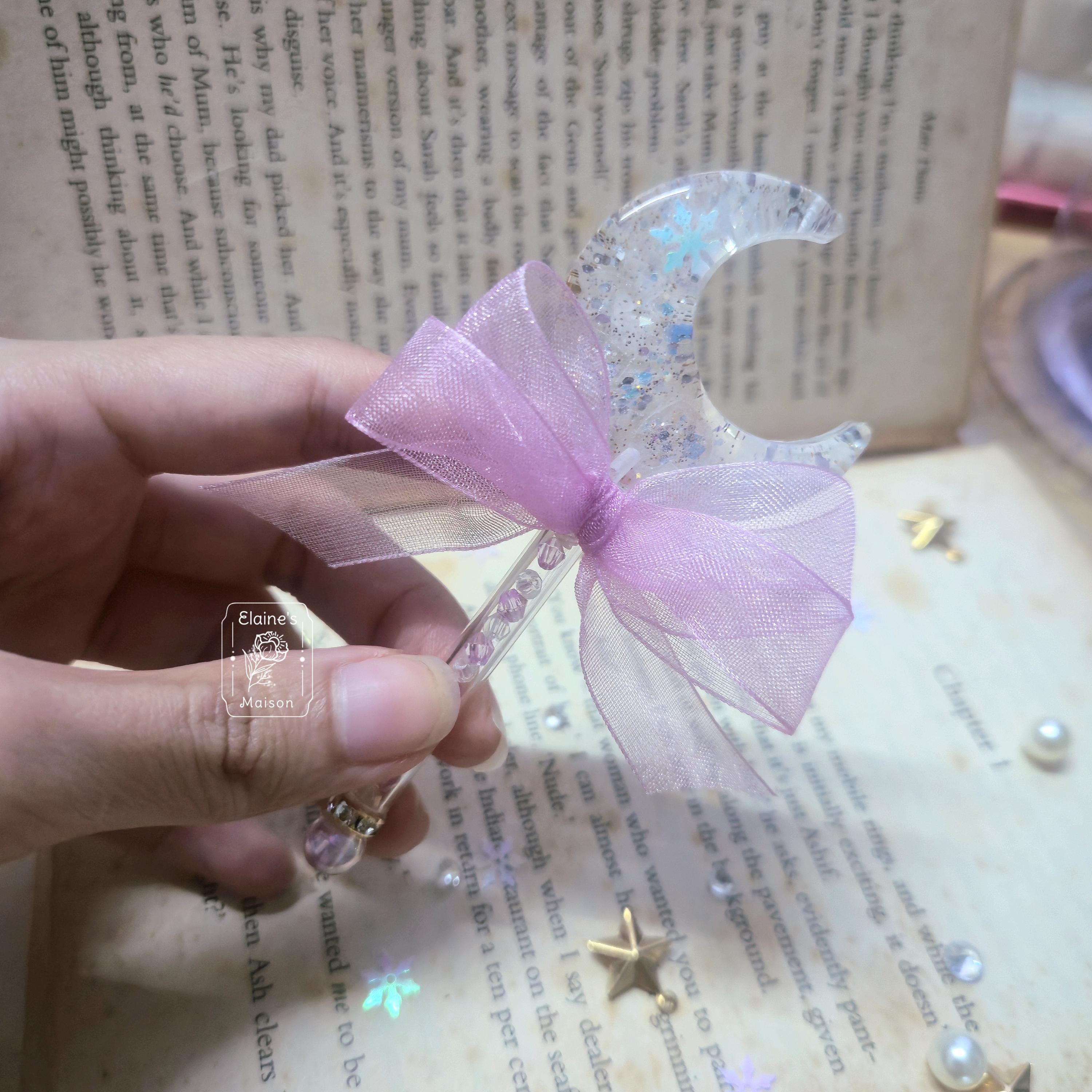 Snow Moon Wand Keychain | Glitter Resin, Pink Bow, Anime Accessory - Etsy