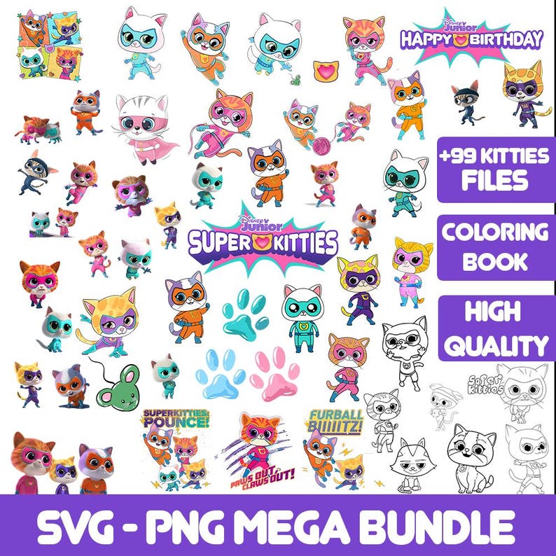 Superkitties Clipart Mega Bundle: SVG, PNG, Coloring Book (instant ...