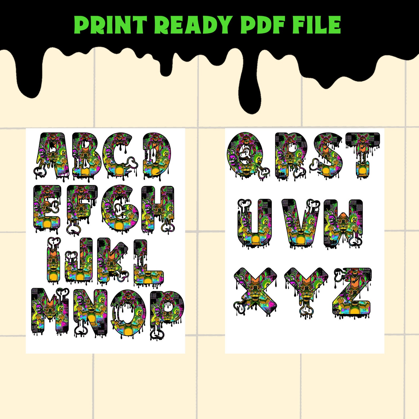 Alphabet Black Theme, Freddy's Font - Alphabet PNG and PDF File Instant ...