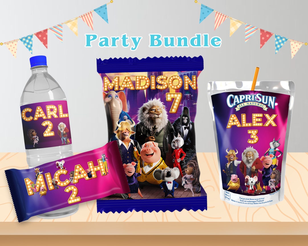 Sing 2 Party Supplies - Chip Bag, Caprisun, Water Bottle Labels ...