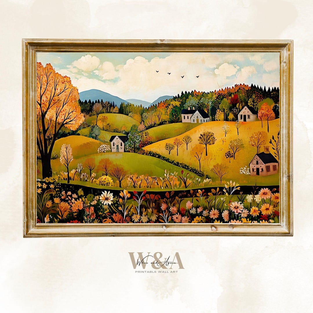 Fall Folk Art Wall Art Print Village Whimsical Autumn Flowers Trees and ...