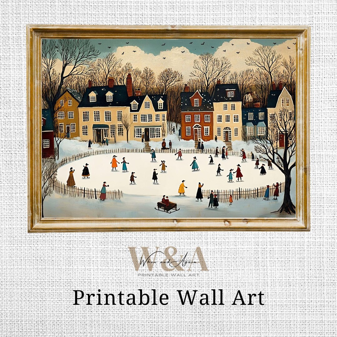 Winter Village Ice Skating Rink Art Print: Folk Art Christmas Decor ...