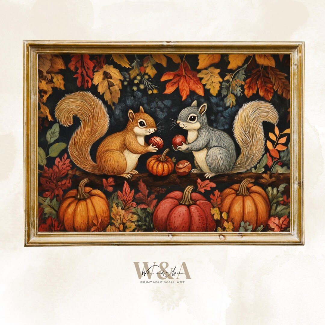 Squirrels and Pumpkins Fall Art Print: Woodland Folk Art (digital ...