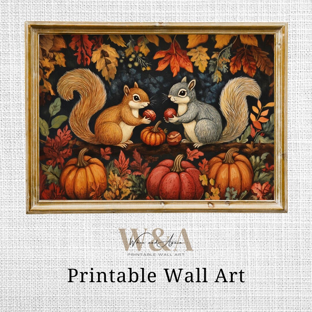 Squirrels and Pumpkins Fall Art Print: Woodland Folk Art (digital ...