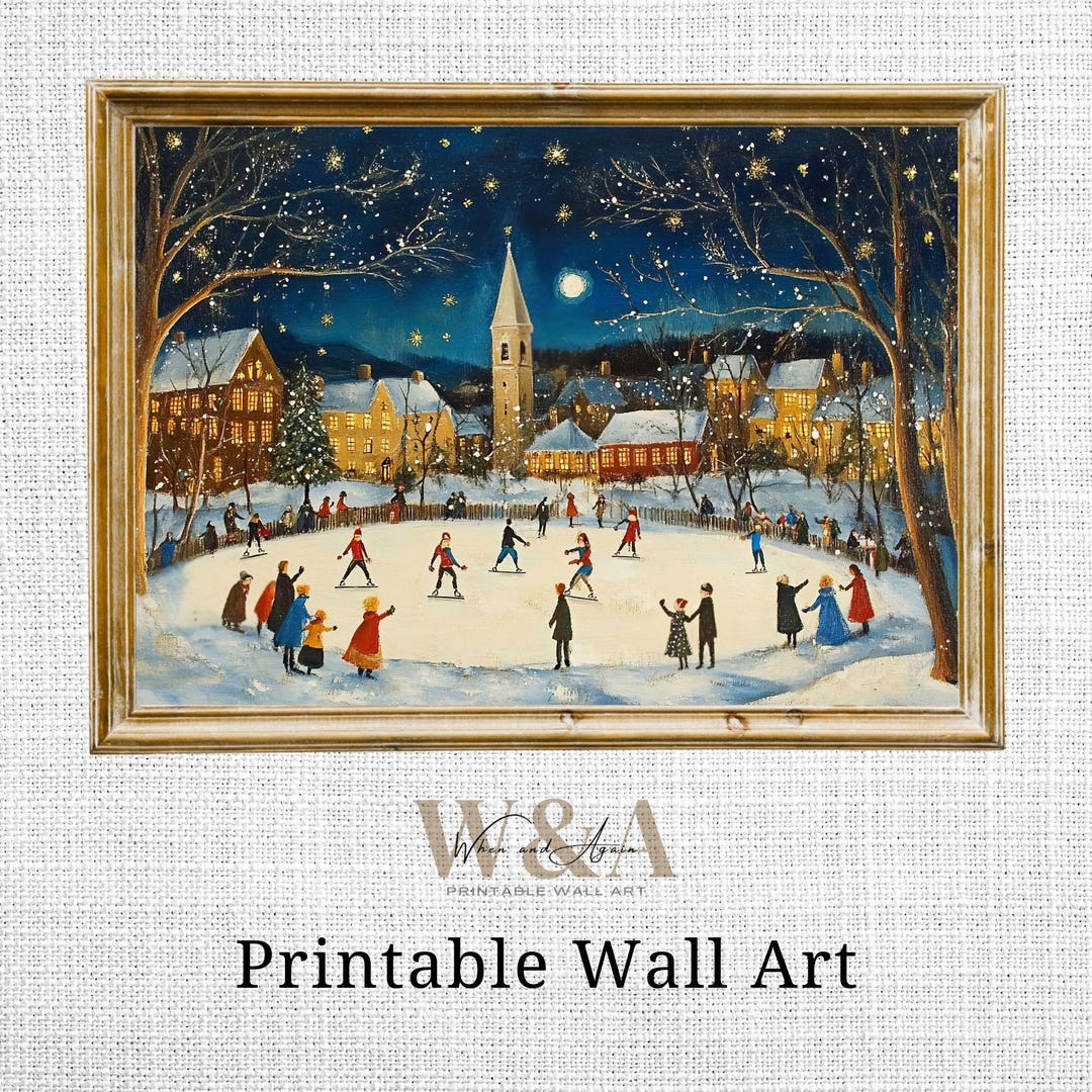 Winter Ice Skating Rink Painting: Vintage Christmas Town Art (digital ...