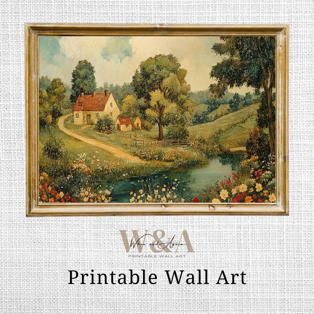 Vintage Folk Art Countryside Wall Art Print Quaint Houses, Trees ...