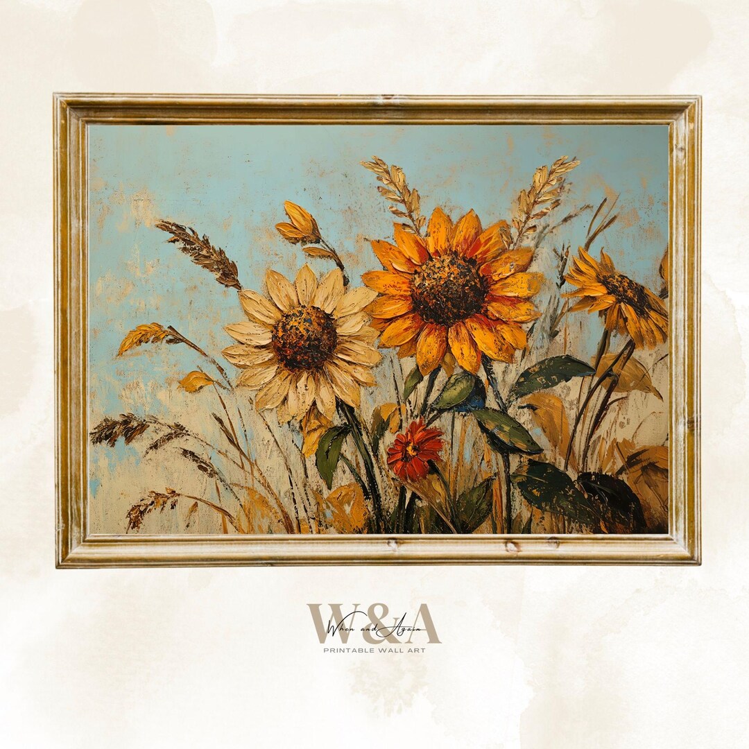 Fall Art Vintage Painting of Sunflowers in the Field Warm Color Hues ...