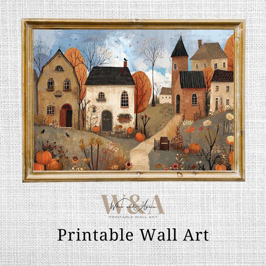 Autumn Village Folk Art Print: Cozy Fall Wall Art Home Decor (digital ...
