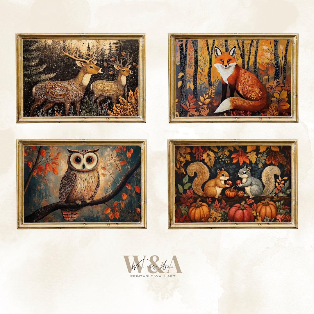 BUNDLE of 4 Fall Woodland Animals Wall Art Prints Folk Art Squirrels ...