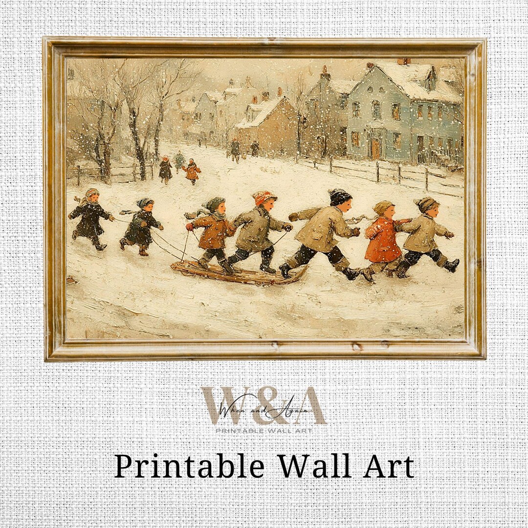 Children Snow Sledding Wall Art Print - Mid Century | Winter Christmas ...