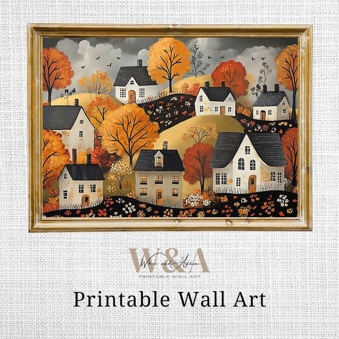 Fall Folk Art Print: Whimsical Autumn Village, Orange Foliage (digital ...