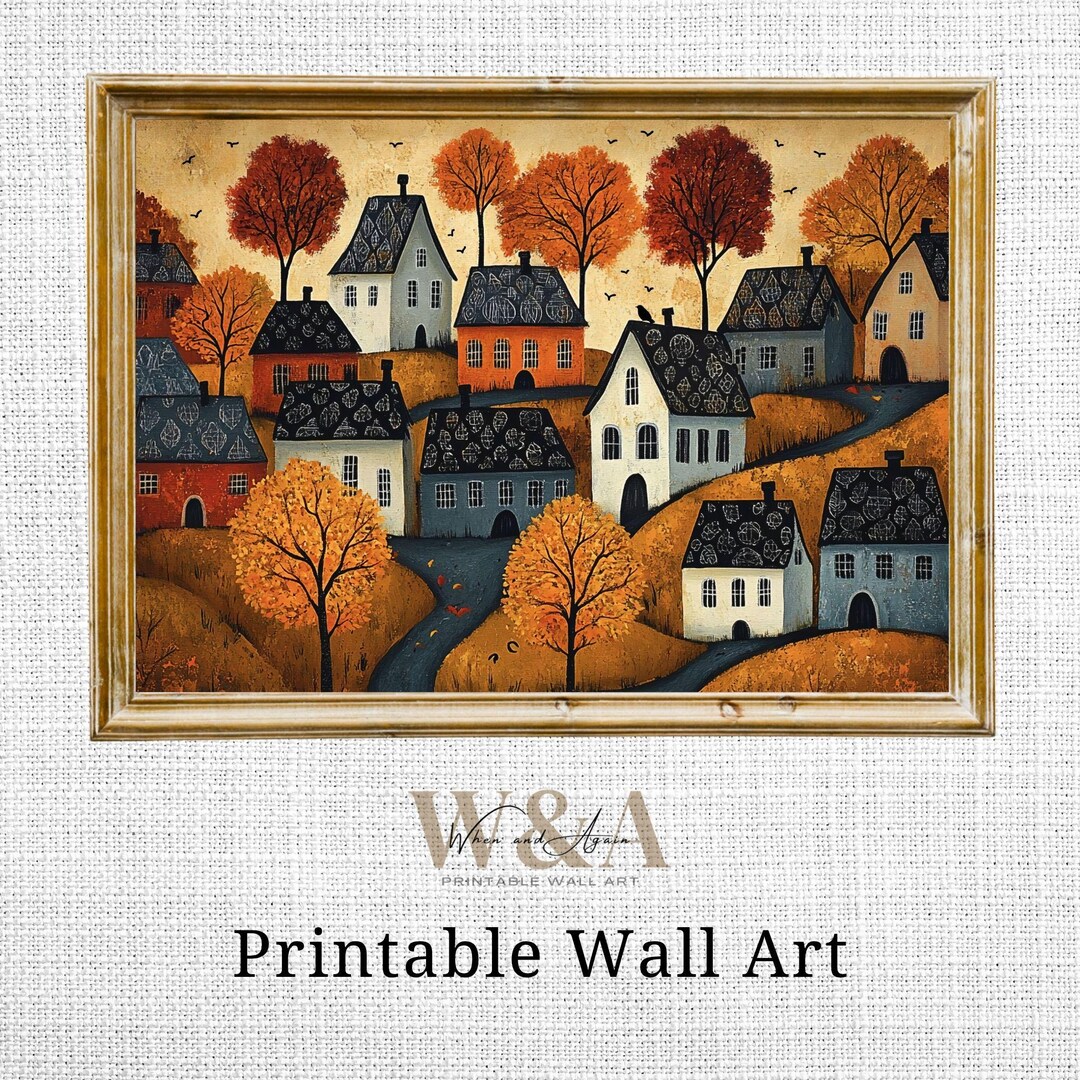 Fall Folk Art Print: Whimsical Village, Autumn Colors (digital Download ...
