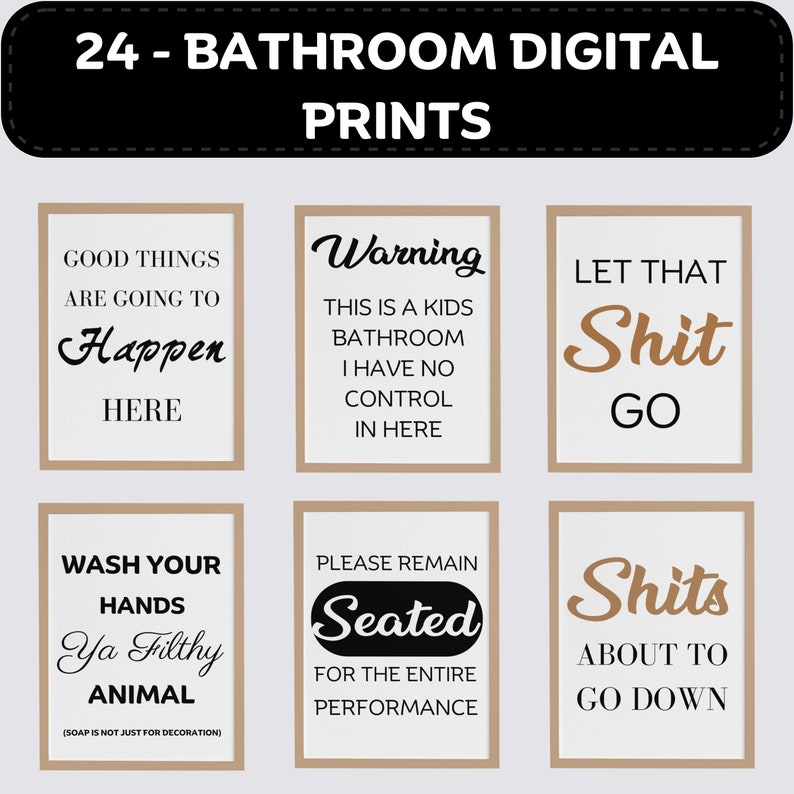 Funny Bathroom Signs Printables Set of 24, Bathroom Art, Bath Decor ...