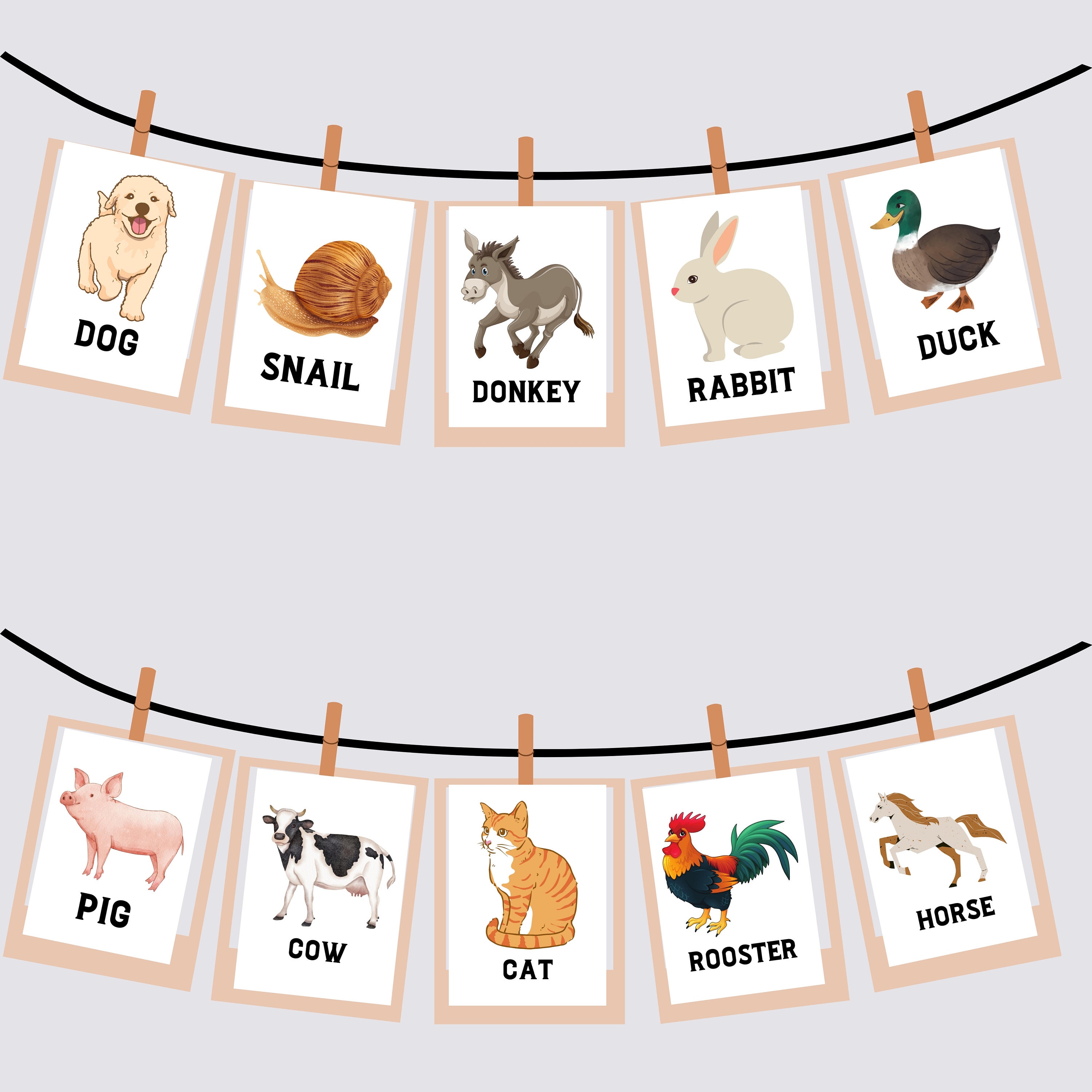 25 Farm Animals Flash Cards or Wall Poster Printable Instant Download ...