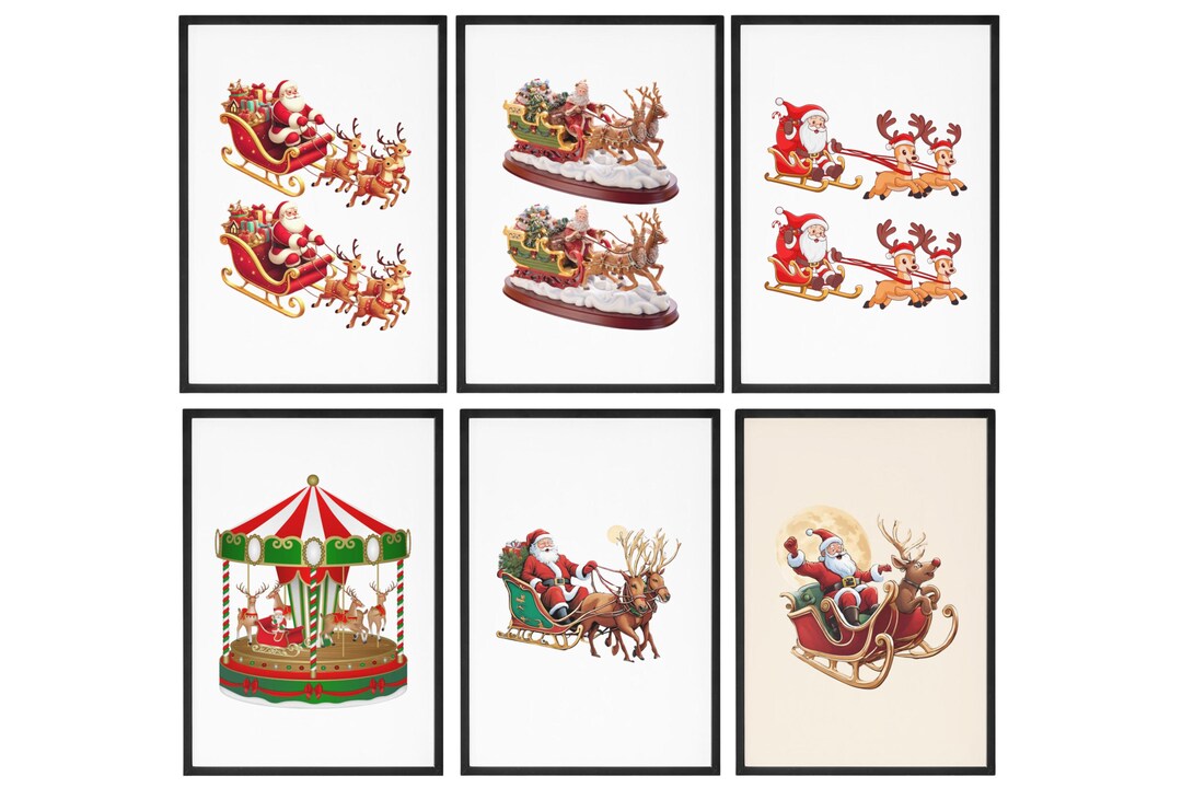 Set of 6 Santa Sleigh Christmas Holiday Decor Print, Colorful Santa ...