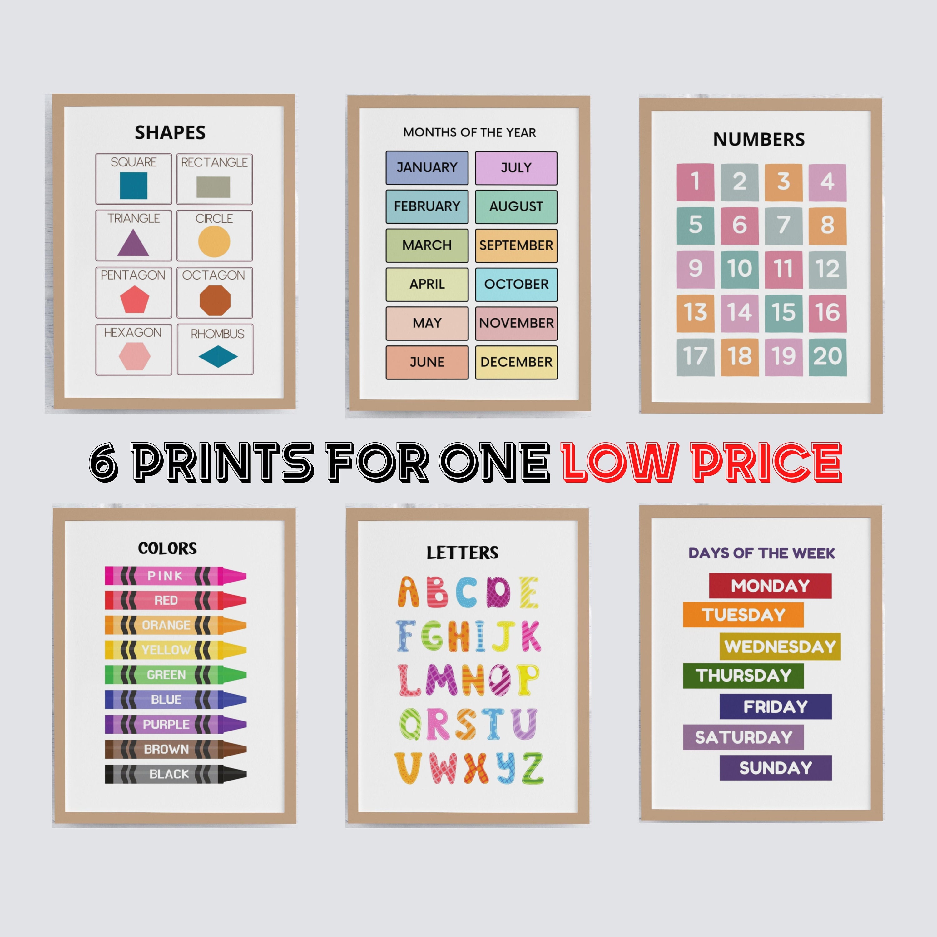 Set of 6 Prints Educational Nursery Wall Art, Children's Homeschool ...