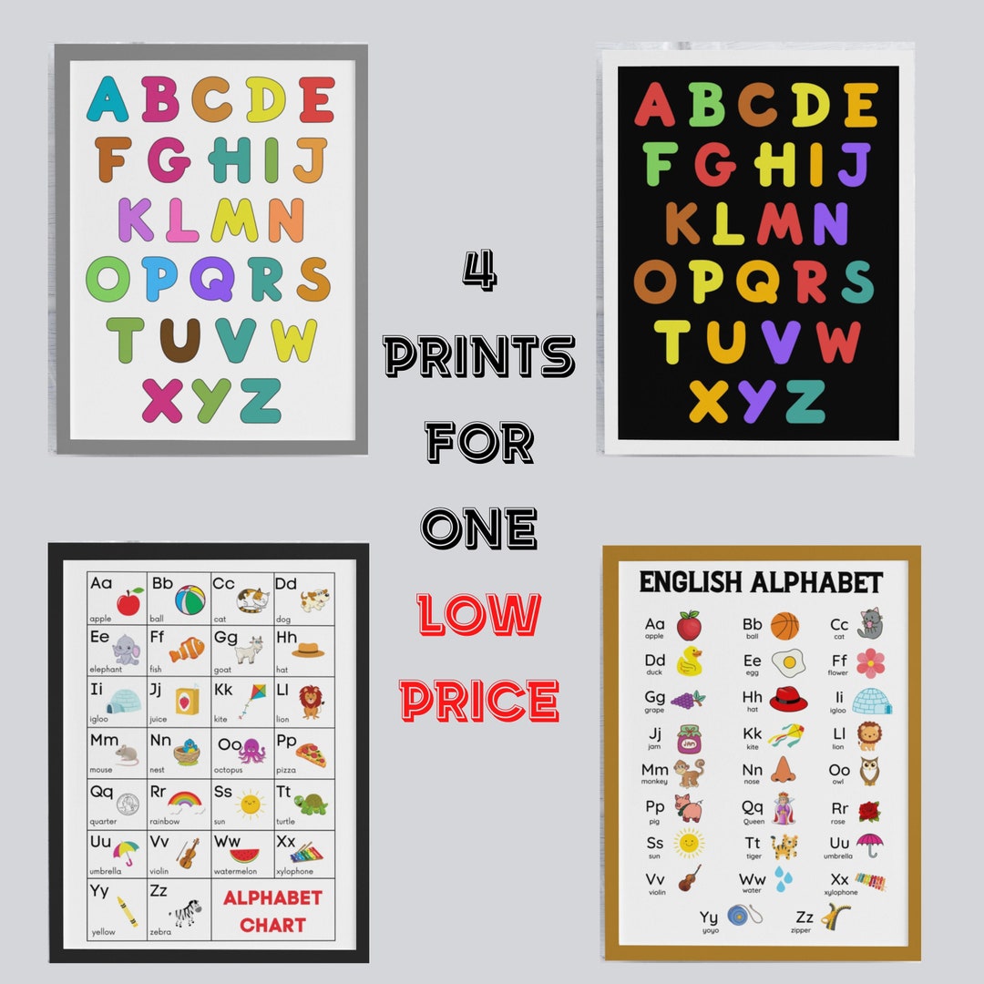 Set of 4 Alphabet Nursery Prints, ABC Printable Wall Art for Classroom ...