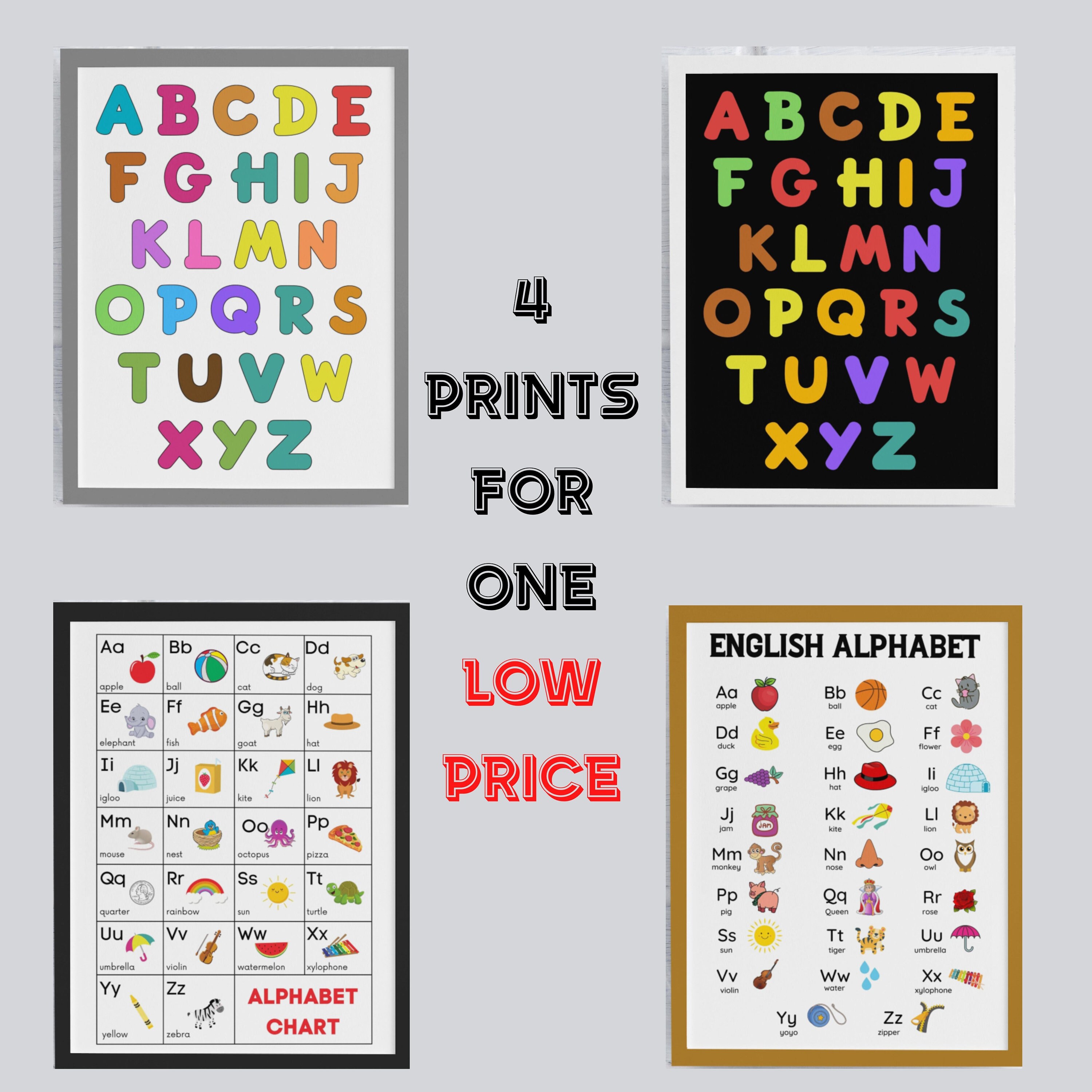 Set of 4 Alphabet Nursery Prints, ABC Printable Wall Art for Classroom ...