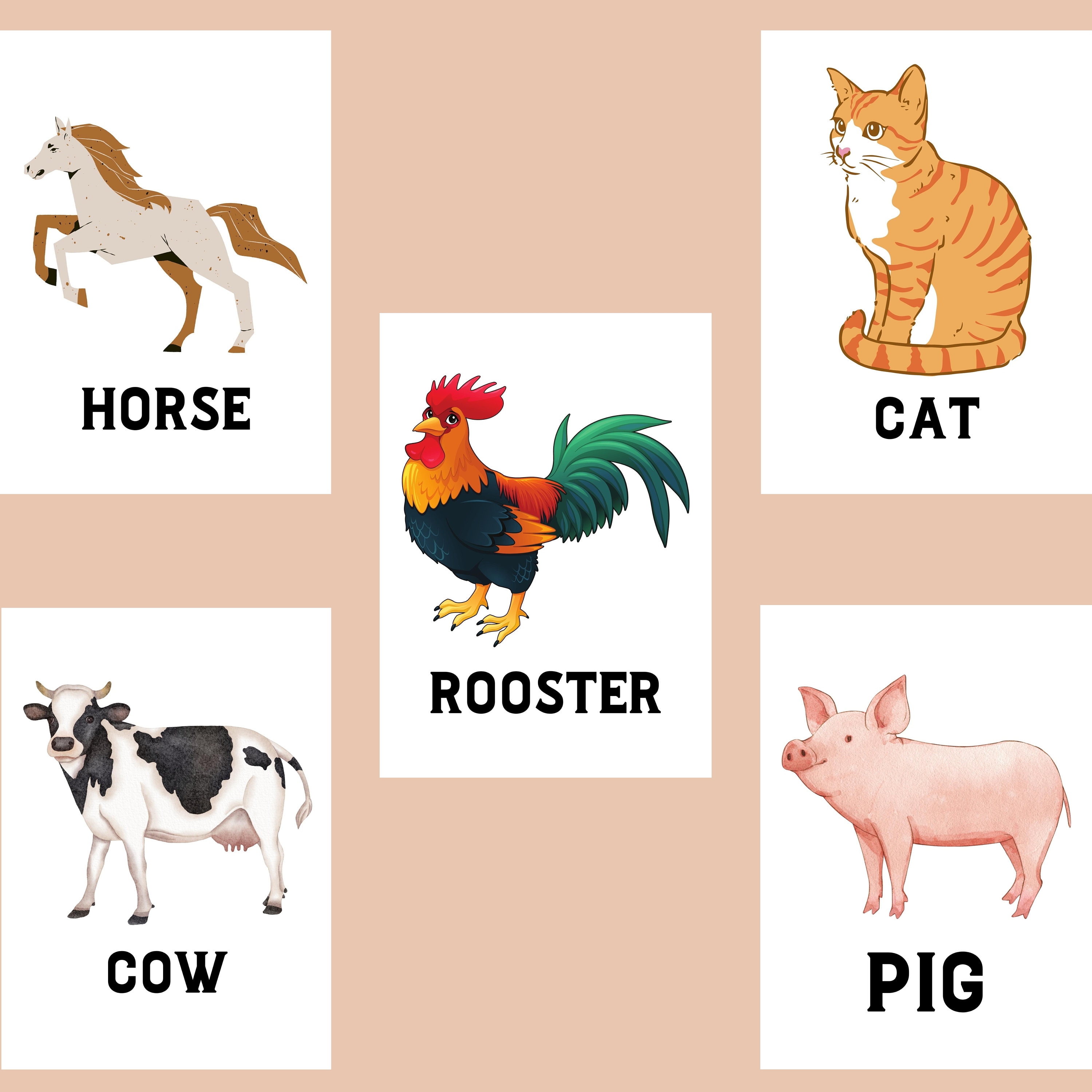 25 Farm Animals Flash Cards or Wall Poster Printable Instant Download ...