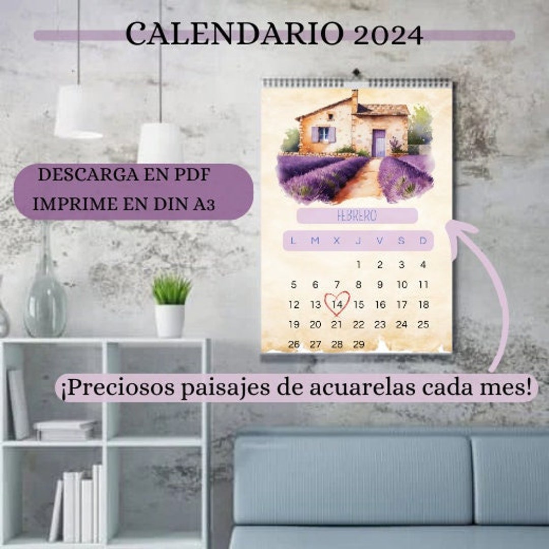 Calendario de pared 2024 imprimible PDF Calendario 2024 Calendario de acuarelas 2024 Calendario ...