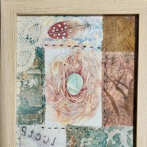 Nest Collage Textile Art, With Hand Drawn Bluebird Egg, Hand Dyed, Hand ...