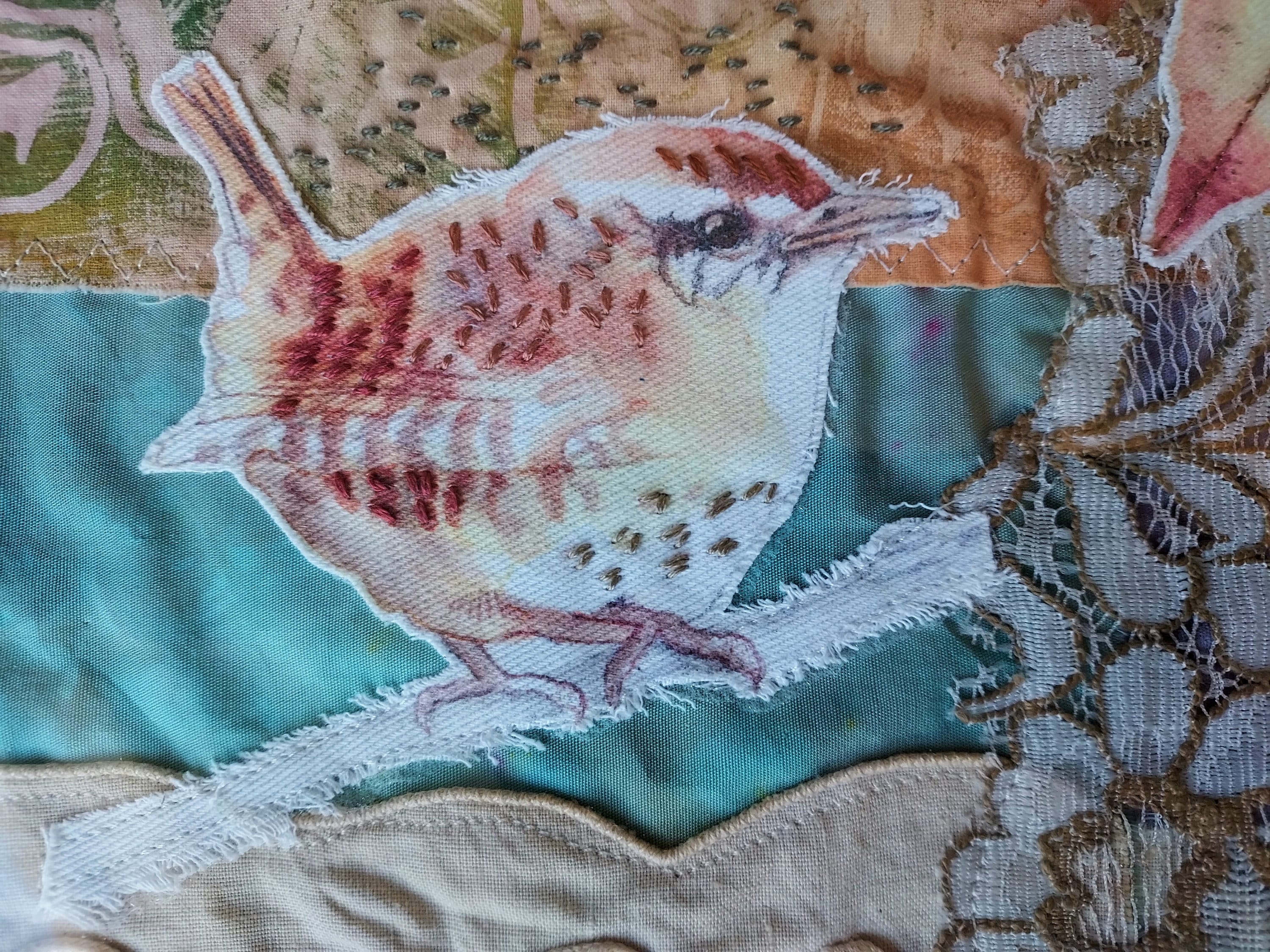 Autumn Wren Textile Art, Hand Dyed and Stitched, Fabric Collage, Drawn ...