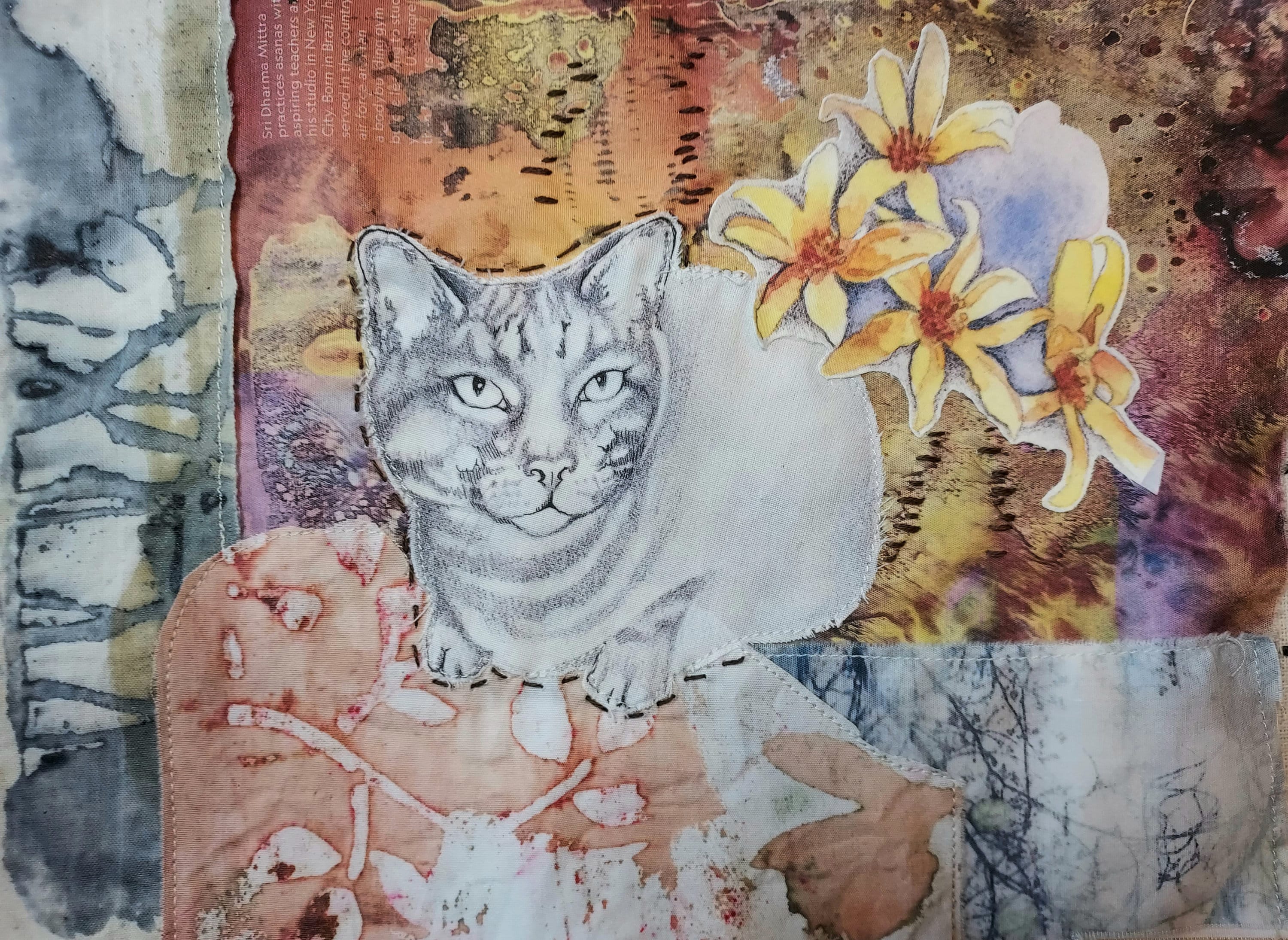 Cat Textile Art Collage With Flowers and Hand Stitching - Etsy