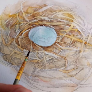 Nest Collage Textile Art, With Hand Drawn Bluebird Egg, Hand Dyed, Hand ...