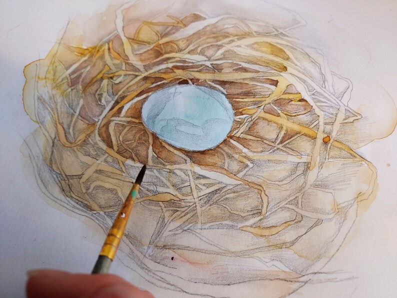 Nest Collage Textile Art, With Hand Drawn Bluebird Egg, Hand Dyed, Hand ...