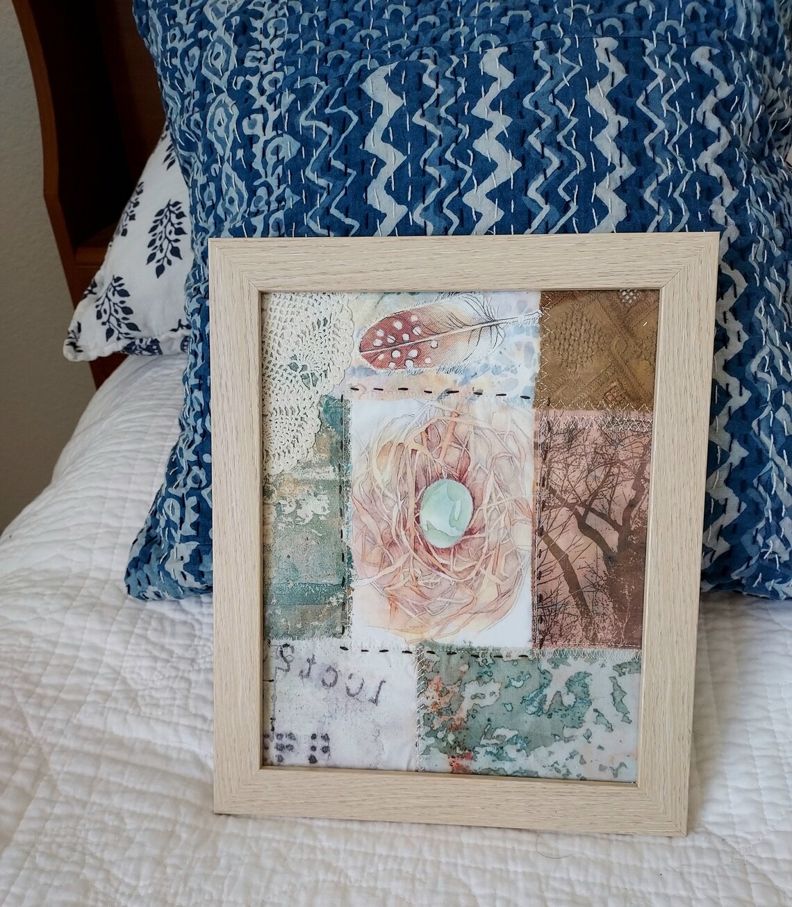 Nest Collage Textile Art, With Hand Drawn Bluebird Egg, Hand Dyed, Hand ...