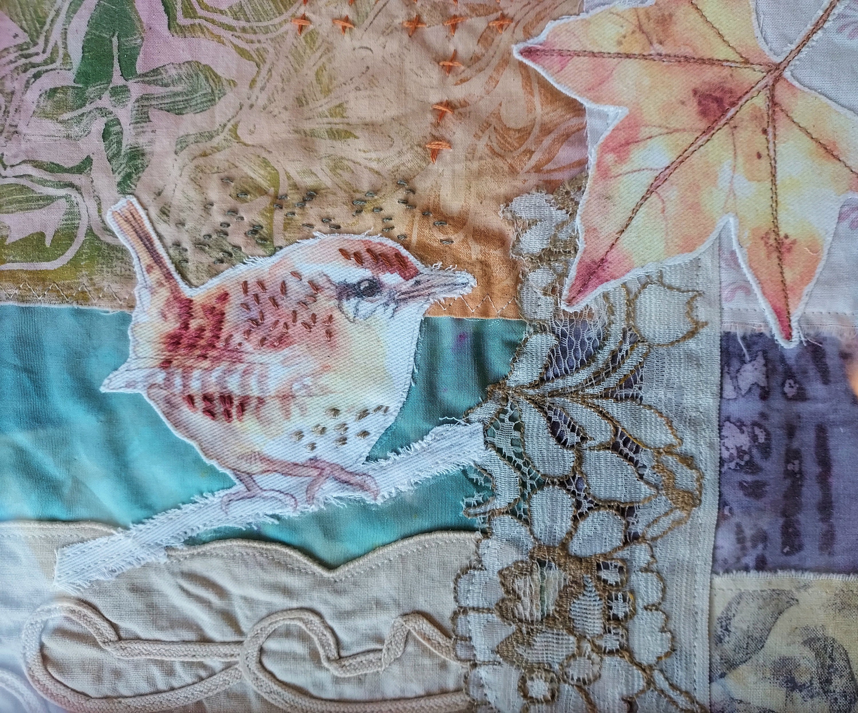 Autumn Wren Textile Art, Hand Dyed and Stitched, Fabric Collage, Drawn ...