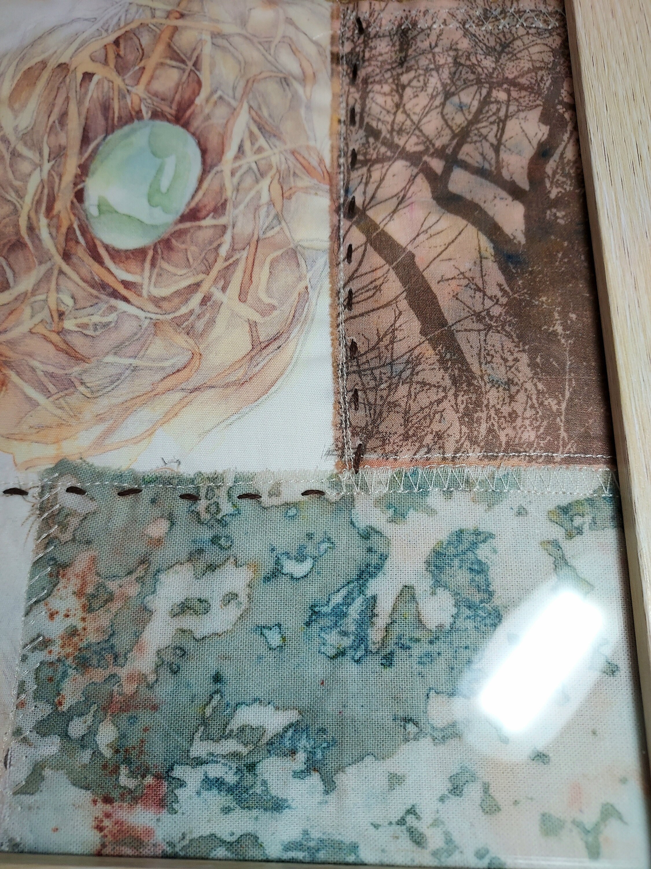 Nest Collage Textile Art, With Hand Drawn Bluebird Egg, Hand Dyed, Hand ...