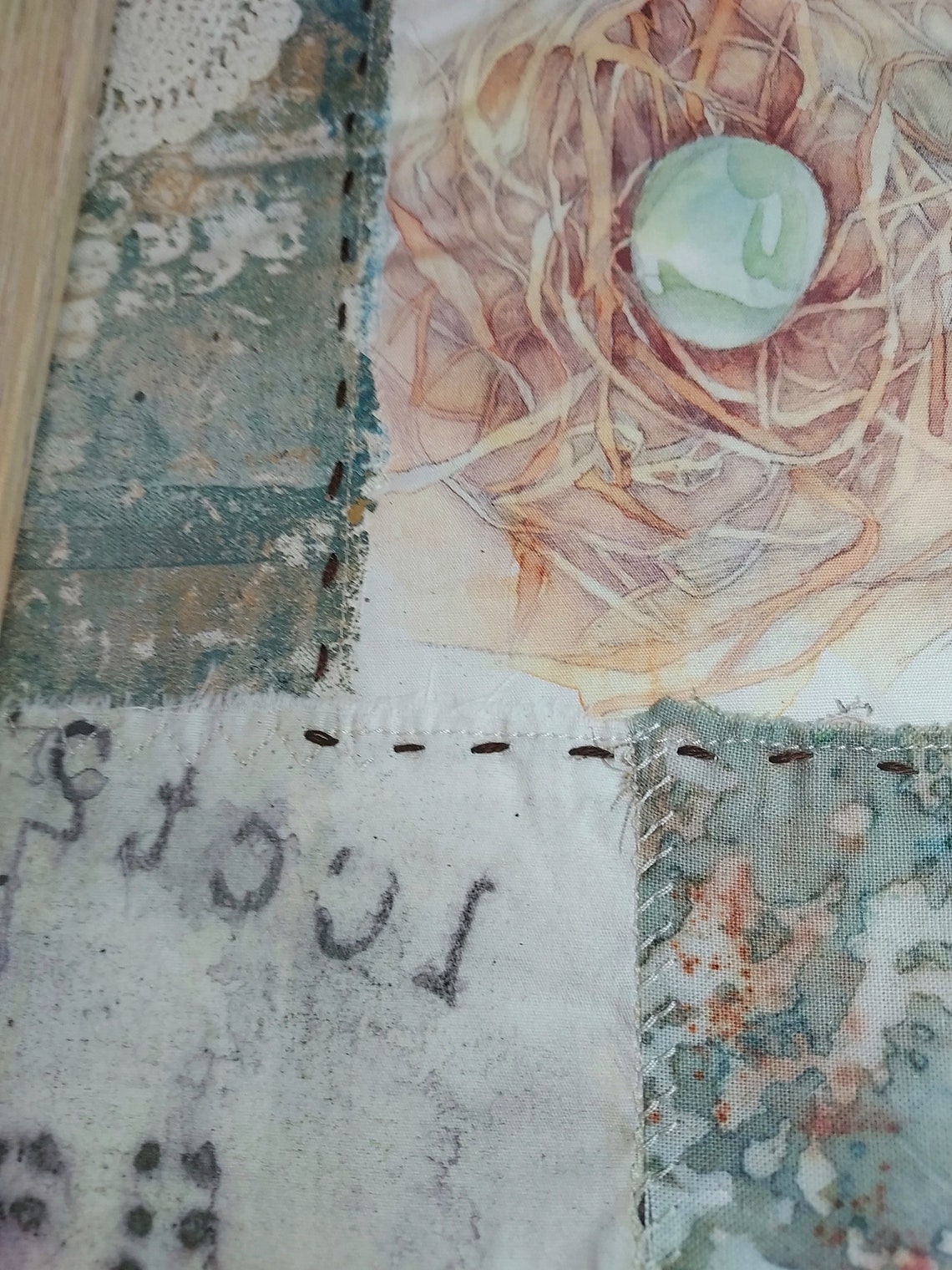Nest Collage Textile Art, With Hand Drawn Bluebird Egg, Hand Dyed, Hand ...