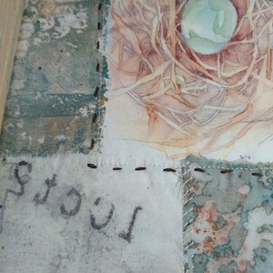 Nest Collage Textile Art, With Hand Drawn Bluebird Egg, Hand Dyed, Hand ...