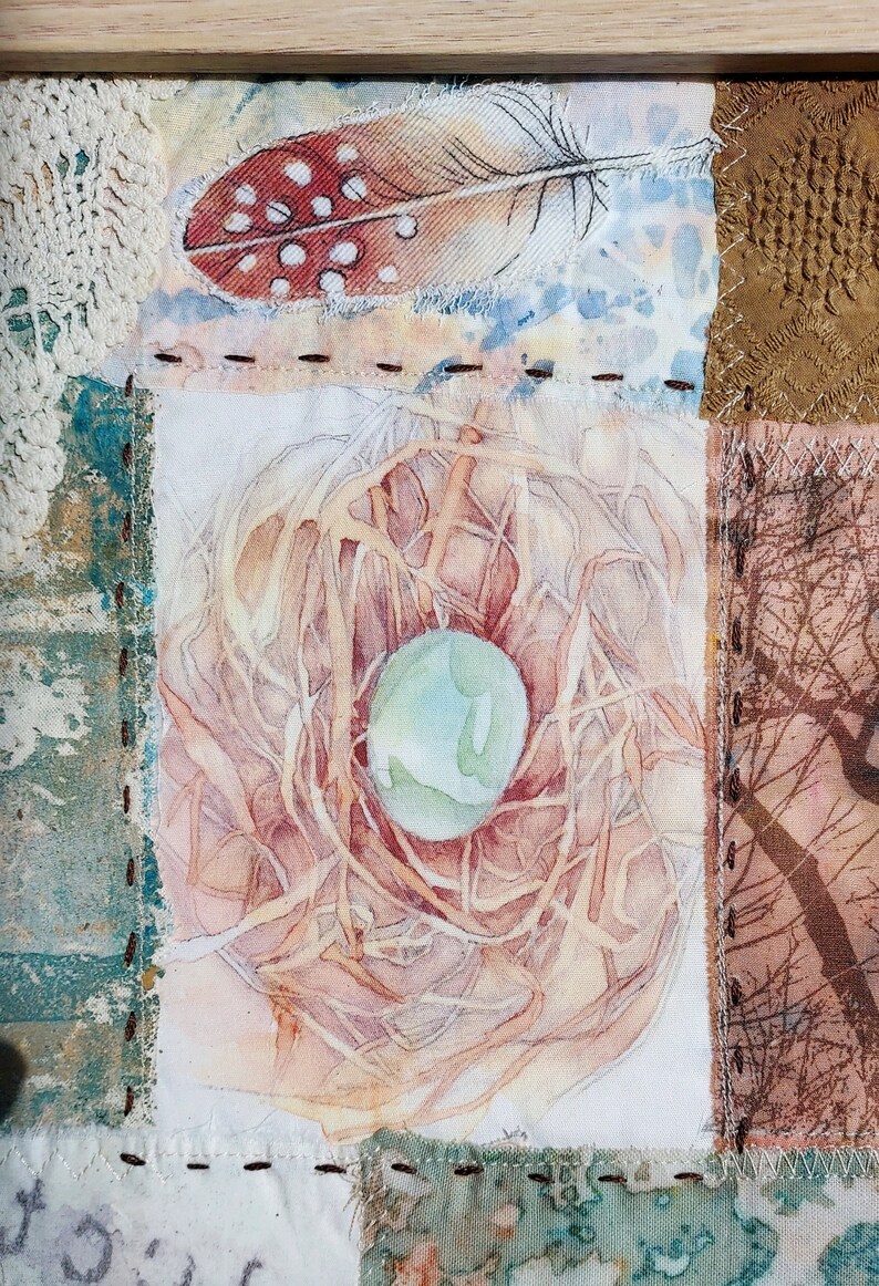 Nest Collage Textile Art, With Hand Drawn Bluebird Egg, Hand Dyed, Hand ...