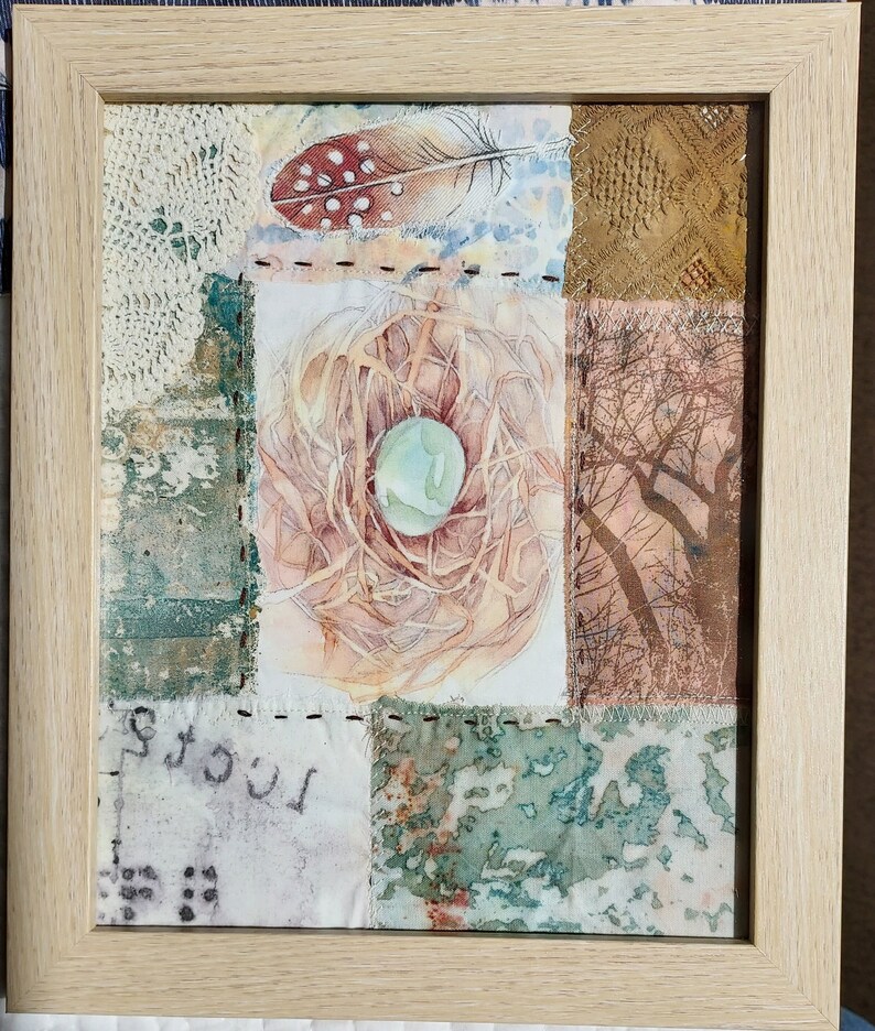 Nest Collage Textile Art, With Hand Drawn Bluebird Egg, Hand Dyed, Hand ...