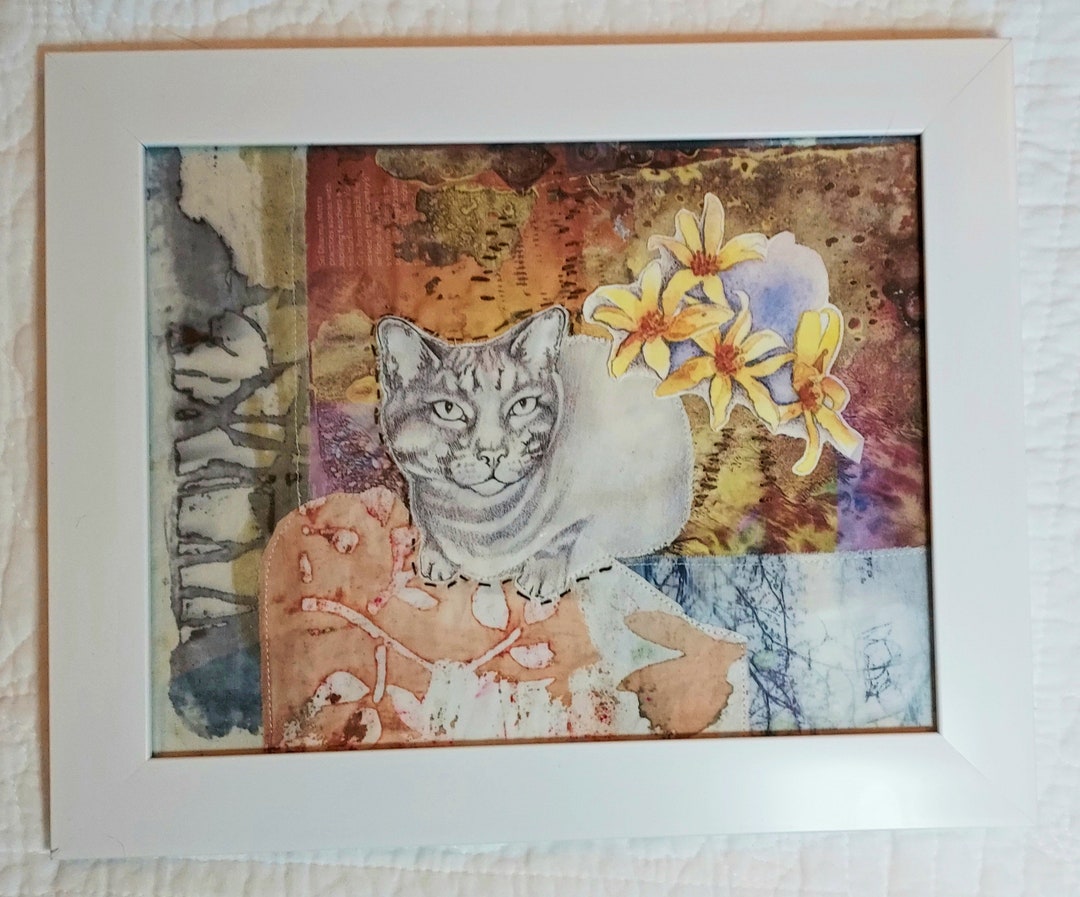 Cat Textile Art Collage With Flowers and Hand Stitching - Etsy