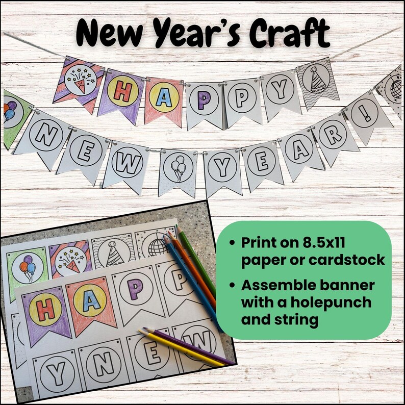 New Year's Printable Banner, Happy New Year Banner, New Year's Coloring ...