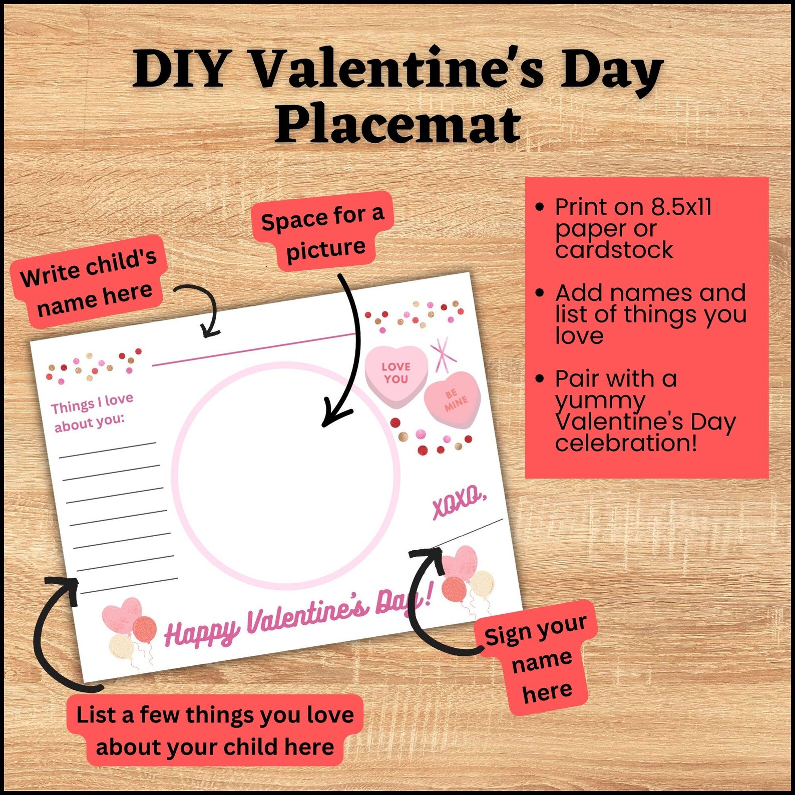 Valentine Placemat Printable, Valentine Printable, Valentines Day ...