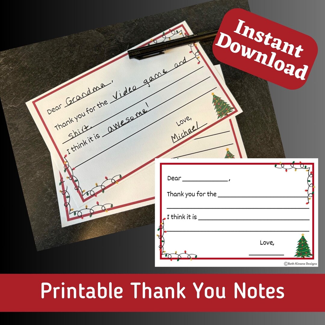 Kids Christmas Fill in the Blank Thank You Cards, Printable Thank You ...