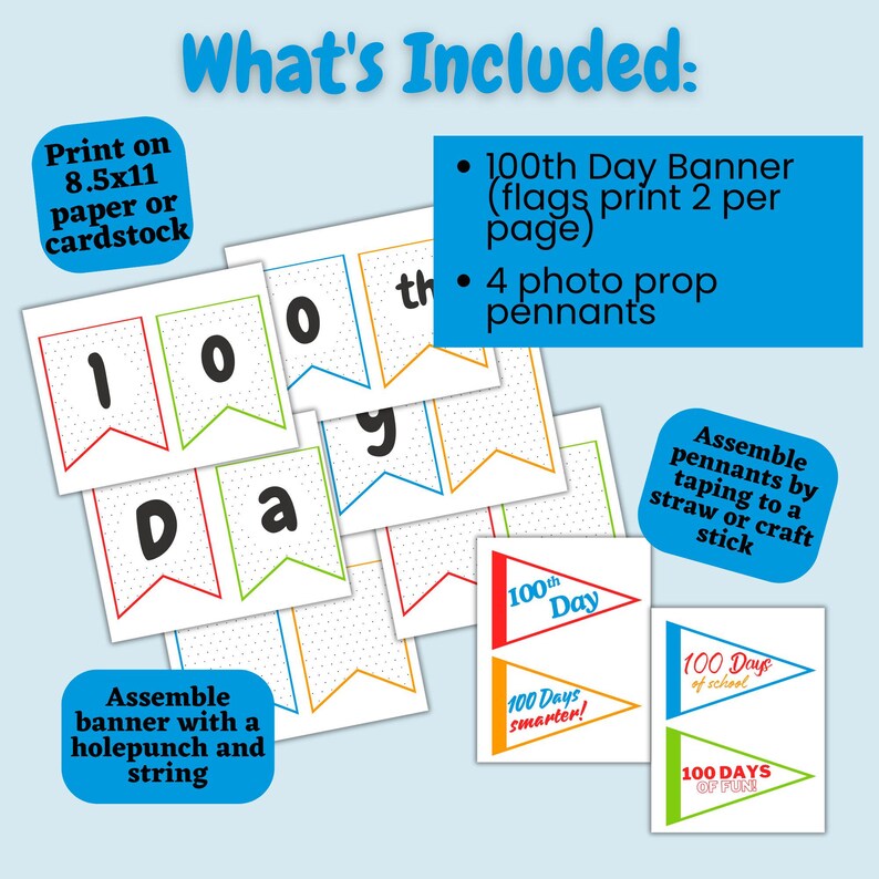 100th Day of School Banner Printable, 100 Days of School Party, 100 ...