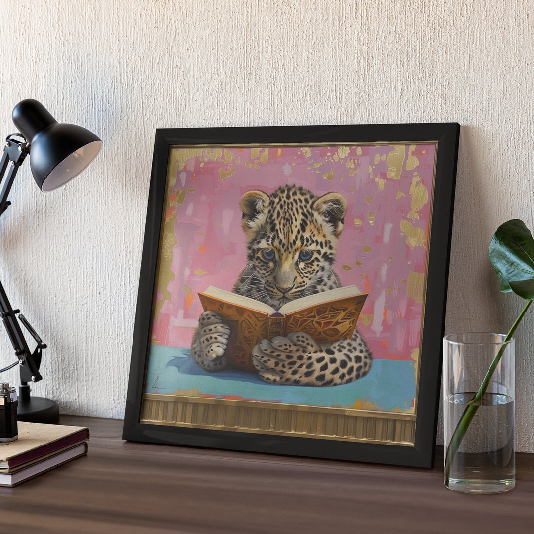 Baby Leopard Reading Matte Framed Poster, Leopard Lover Poster, Kids ...