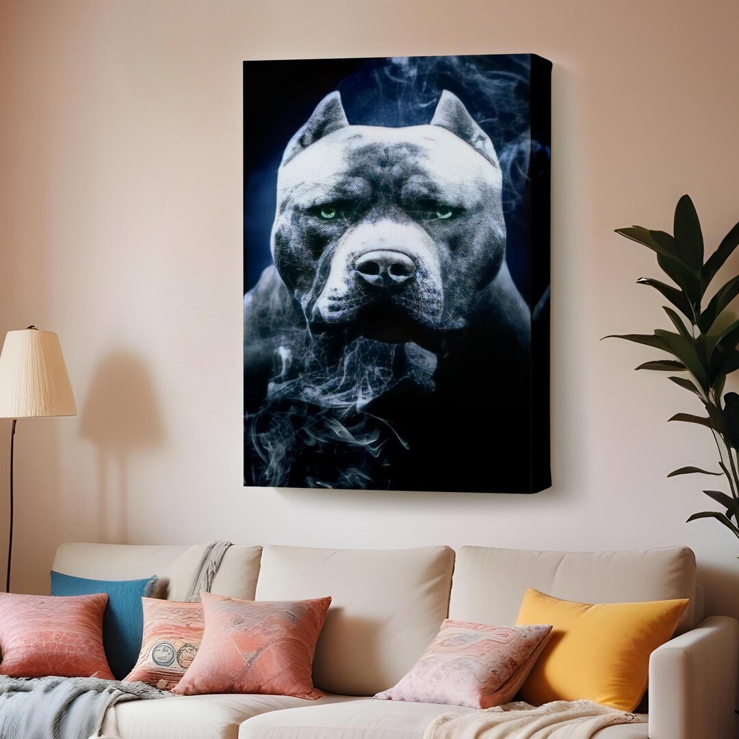Pit Bull Green-eyed American Bully Dog Canvas Painting, Framed Canvas ...
