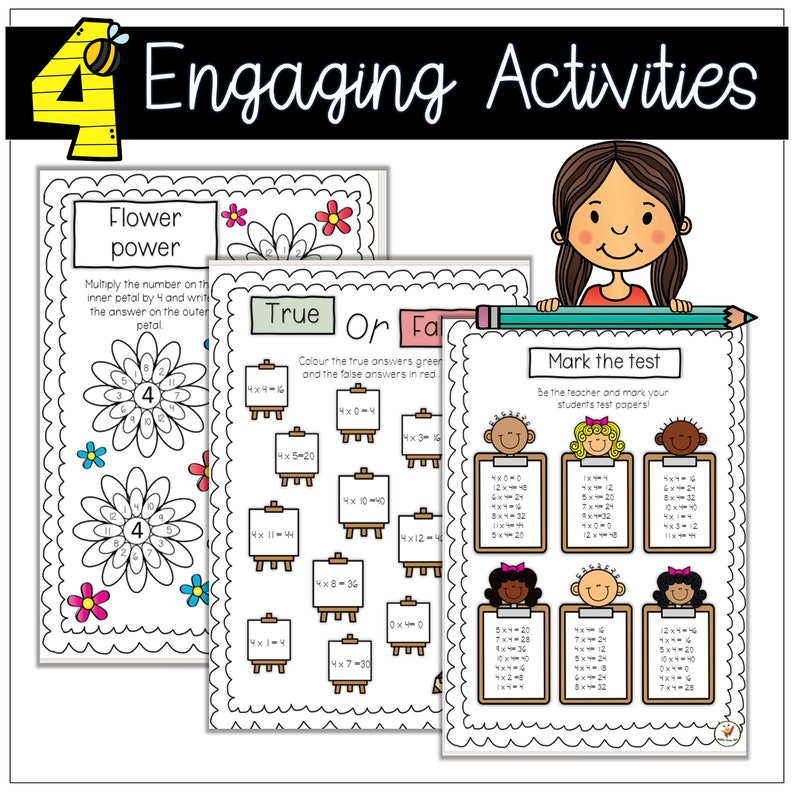 4 Timestable Activity Booklet Worksheet and Games- Multiplication Maths ...