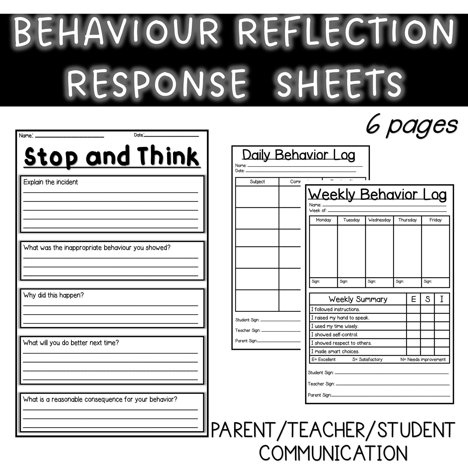 Behavior Reflection Response Sheet /parent Communication/ Behavior Log ...