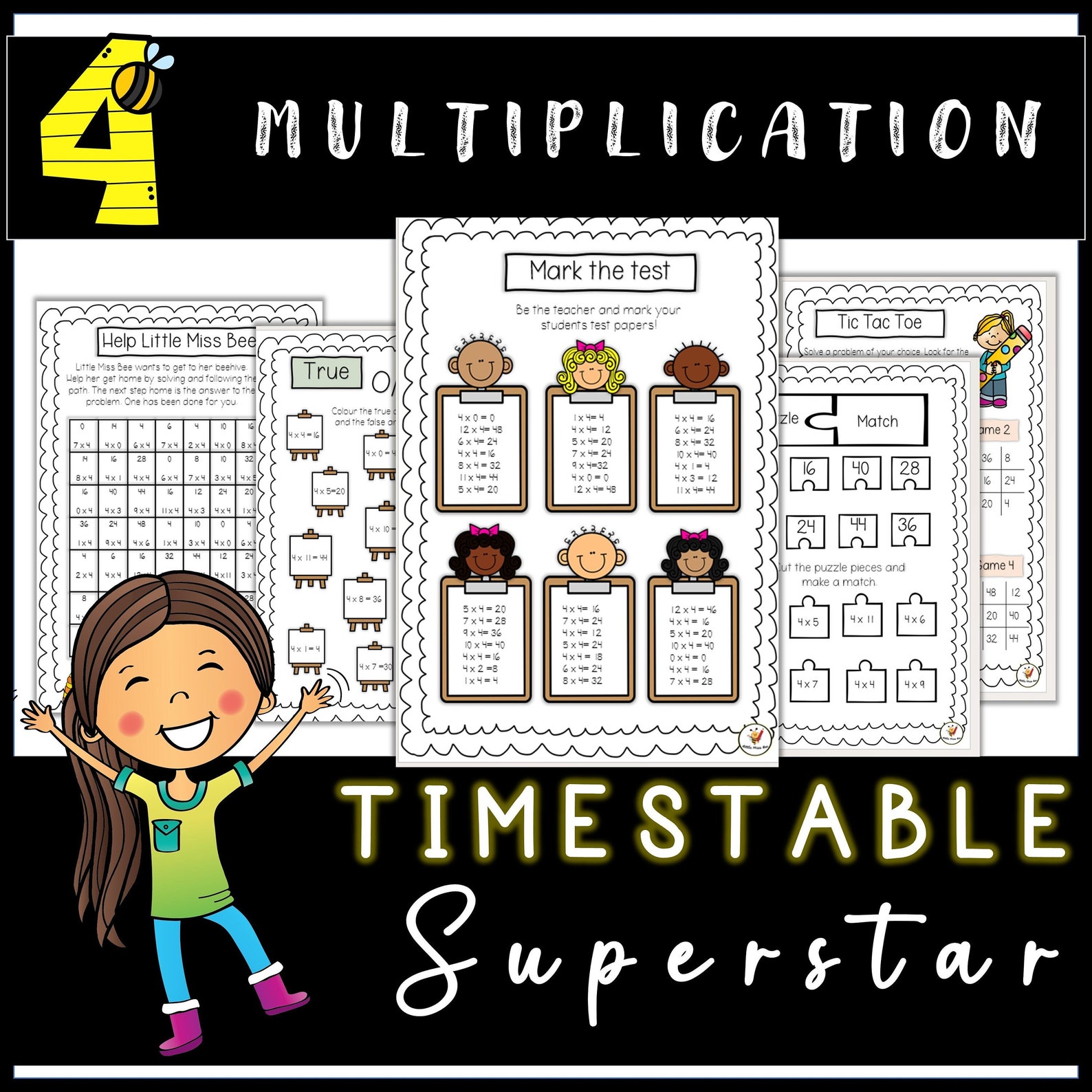 4 Timestable Activity Booklet Worksheet and Games- Multiplication Maths ...