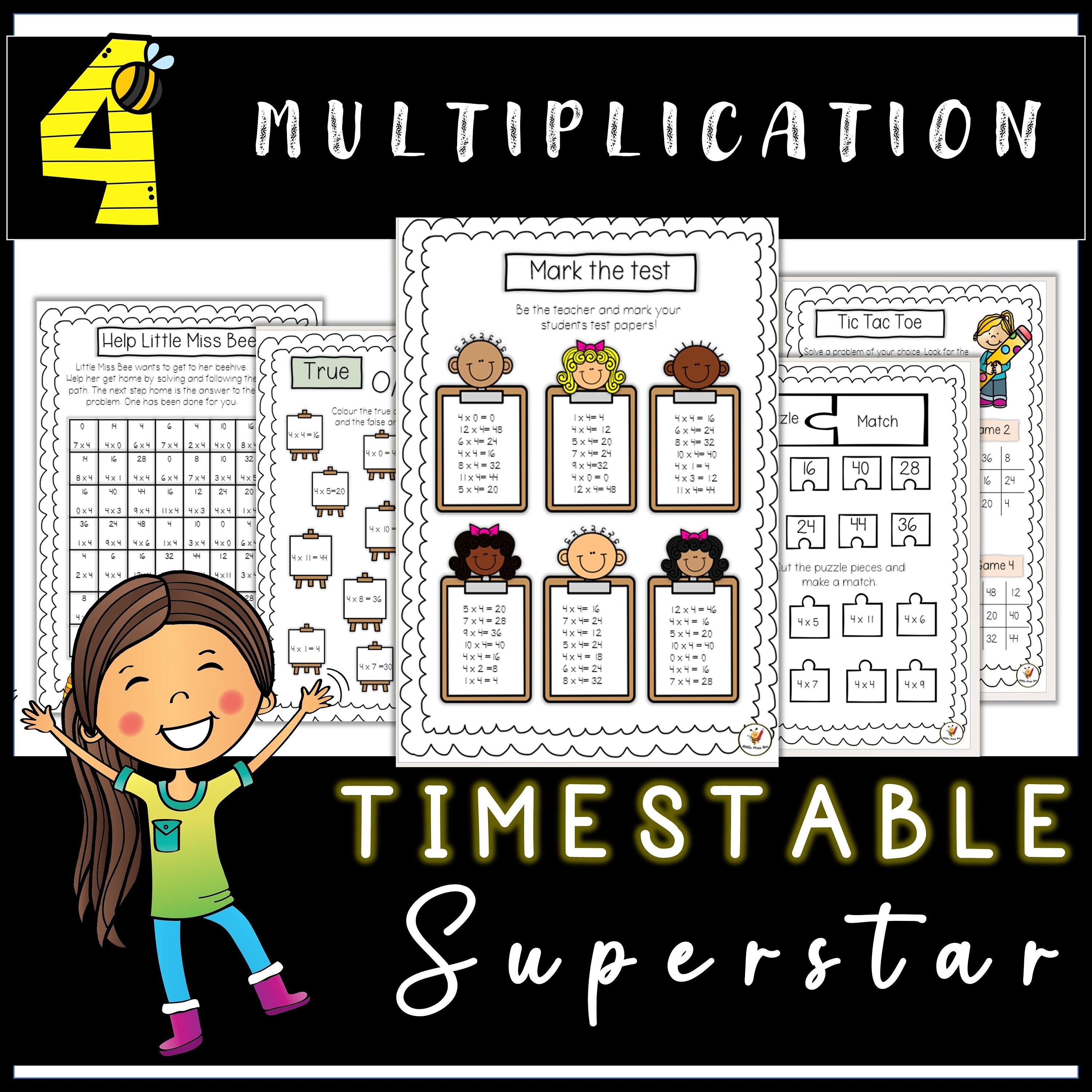 4 Timestable Activity Booklet Worksheet and Games- Multiplication Maths ...