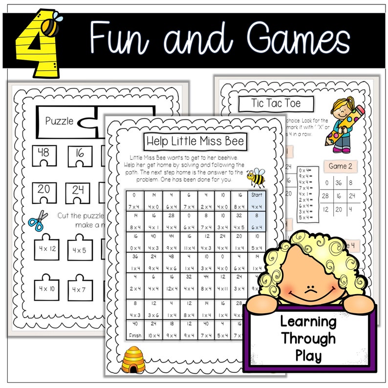 4 Timestable Activity Booklet Worksheet and Games- Multiplication Maths ...